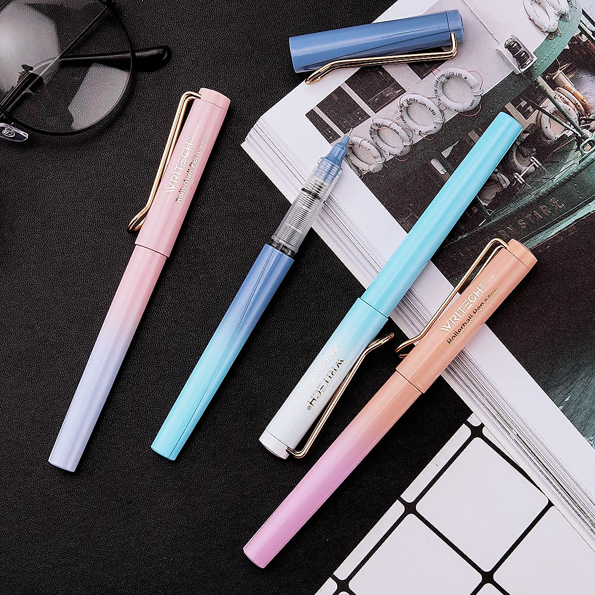 WRITECH Liquid Ink Rollerball Pens Pack of 8, Quick Dry No Bleed Roller Pens 0.5mm Black Pens for Writing, Taking Notes, Journaling & Sketching (Gradient)