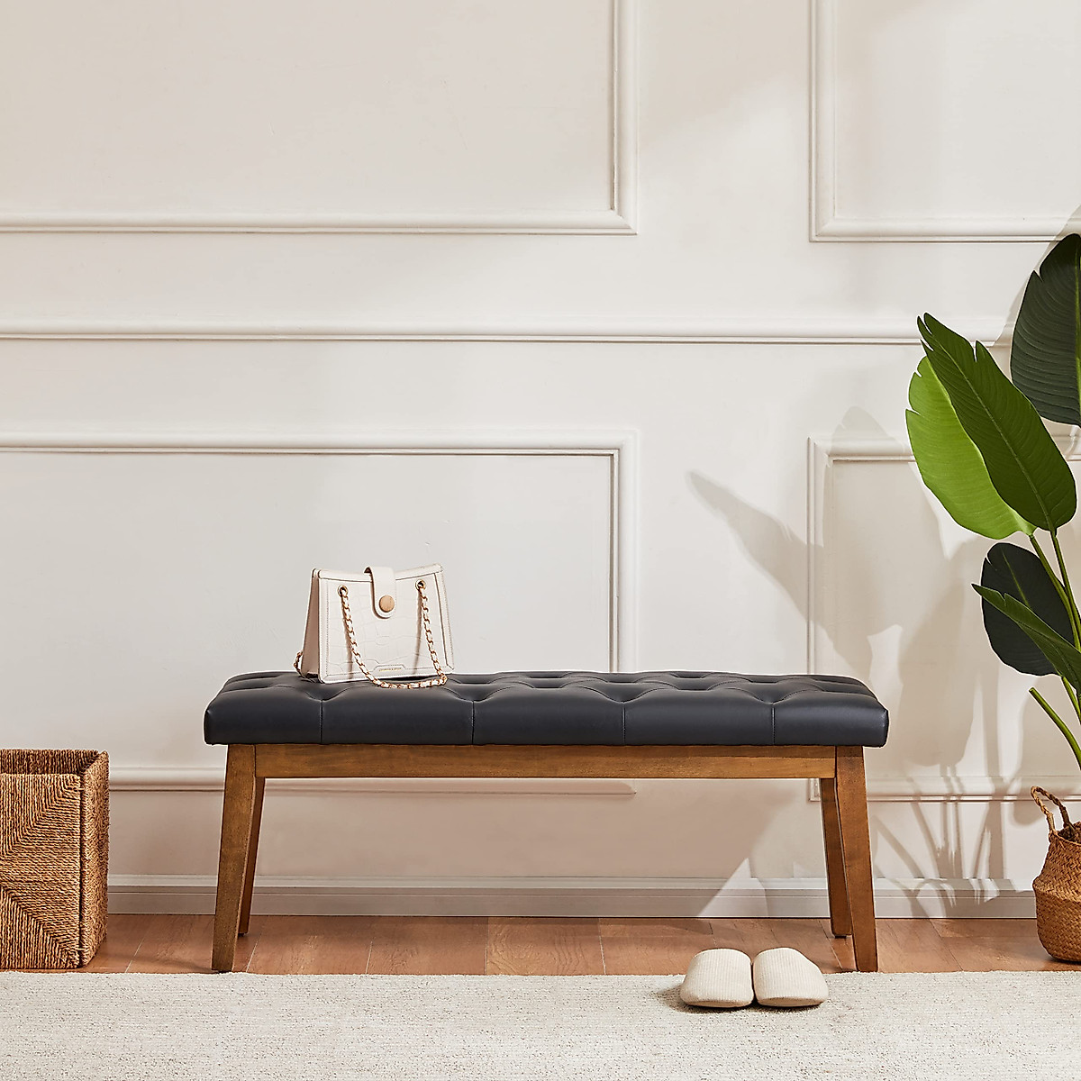 HUIMO Entryway Bench, Black Leather, Solid Wood, Durable and Wear-Resistant