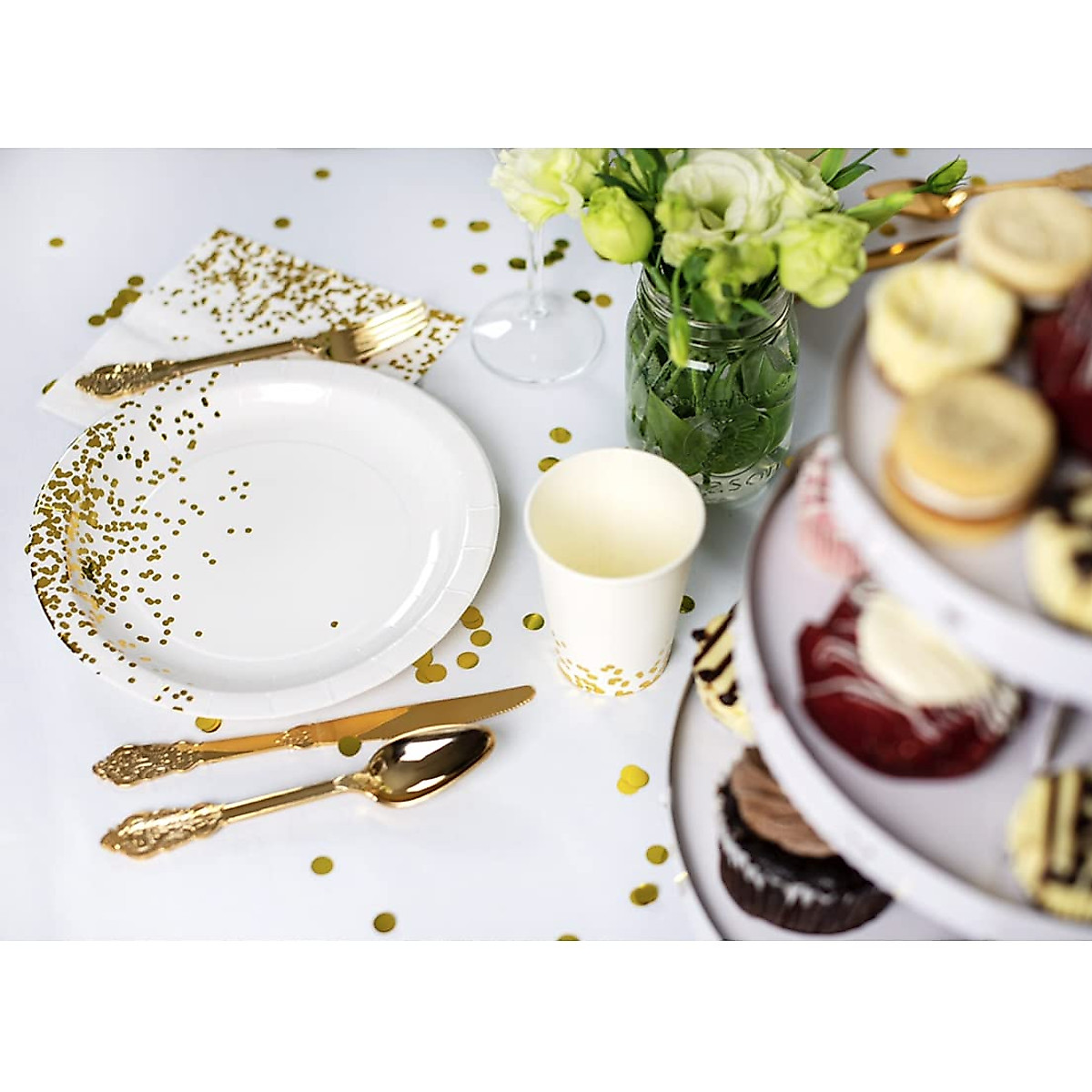 Party Chic 50 Count 7” Inch White and Gold Paper Plates Fancy Paper Plate Dessert Plates New Years Disposable Plates 50th Anniversary Thanksgiving Christmas Holiday