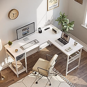 CubiCubi L Shaped 58 inch Computer Desk with LED and Storage Shelves, White