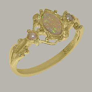 LetsBuyGold 10k Yellow Gold Natural Opal & Cultured Pearl Womens Trilogy Ring - Size 11.25