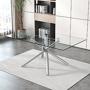 Ball & Cast 71" Modern Glass Dining Table with Rectangular Tempered Tabletop,Dinner Desk W/Silver Chrome Metal Legs,for Home,Kitchen,Dining Room,Office,Silver+Clear