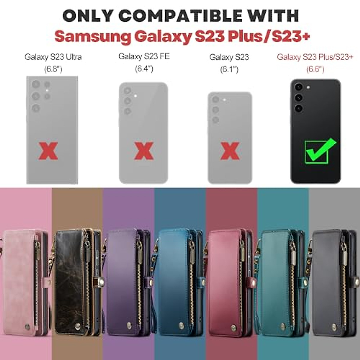 Defencase Compatible with Samsung Galaxy S23 Plus Case Wallet with Card Holder for Women Men, PU Leather Magnetic Snap Flip Zipper Strap Phone Case Fit for Galaxy S23 Plus 5G 6.6", Rose Red