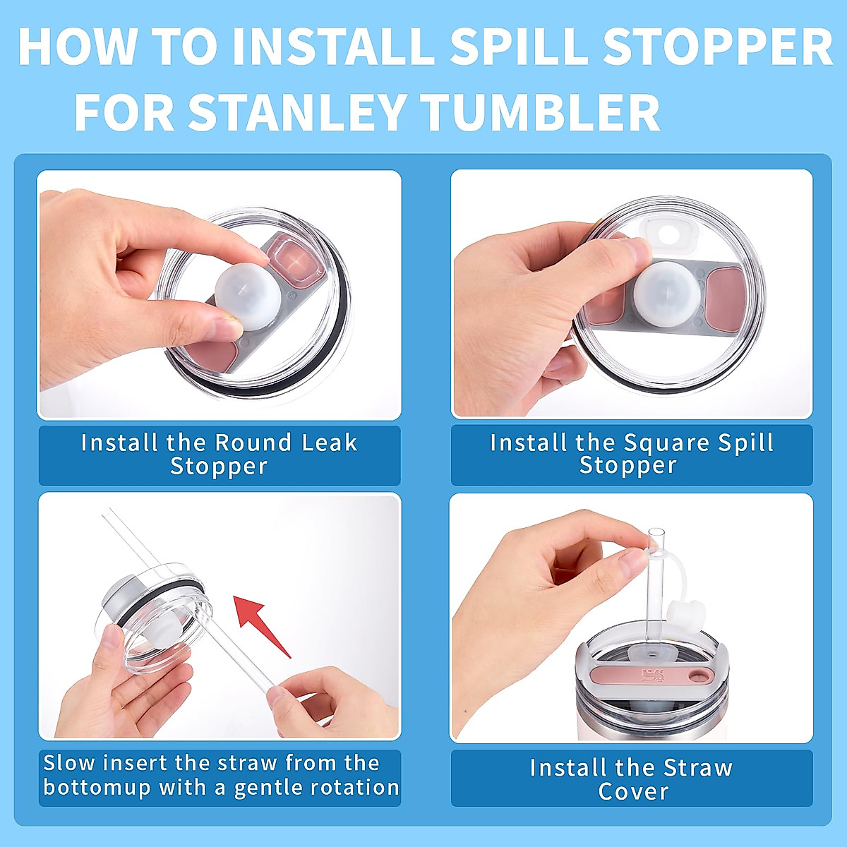 6Pcs Silicone Spill Proof Stopper for Stanley Cup 2.0 40oz/30oz Tumbler Leakproof Spill Stopper Set - 2 Straw Cover Sets, 2 Square Spill Stoppers,2 Round Leak Stoppers (6 PCS transparent)