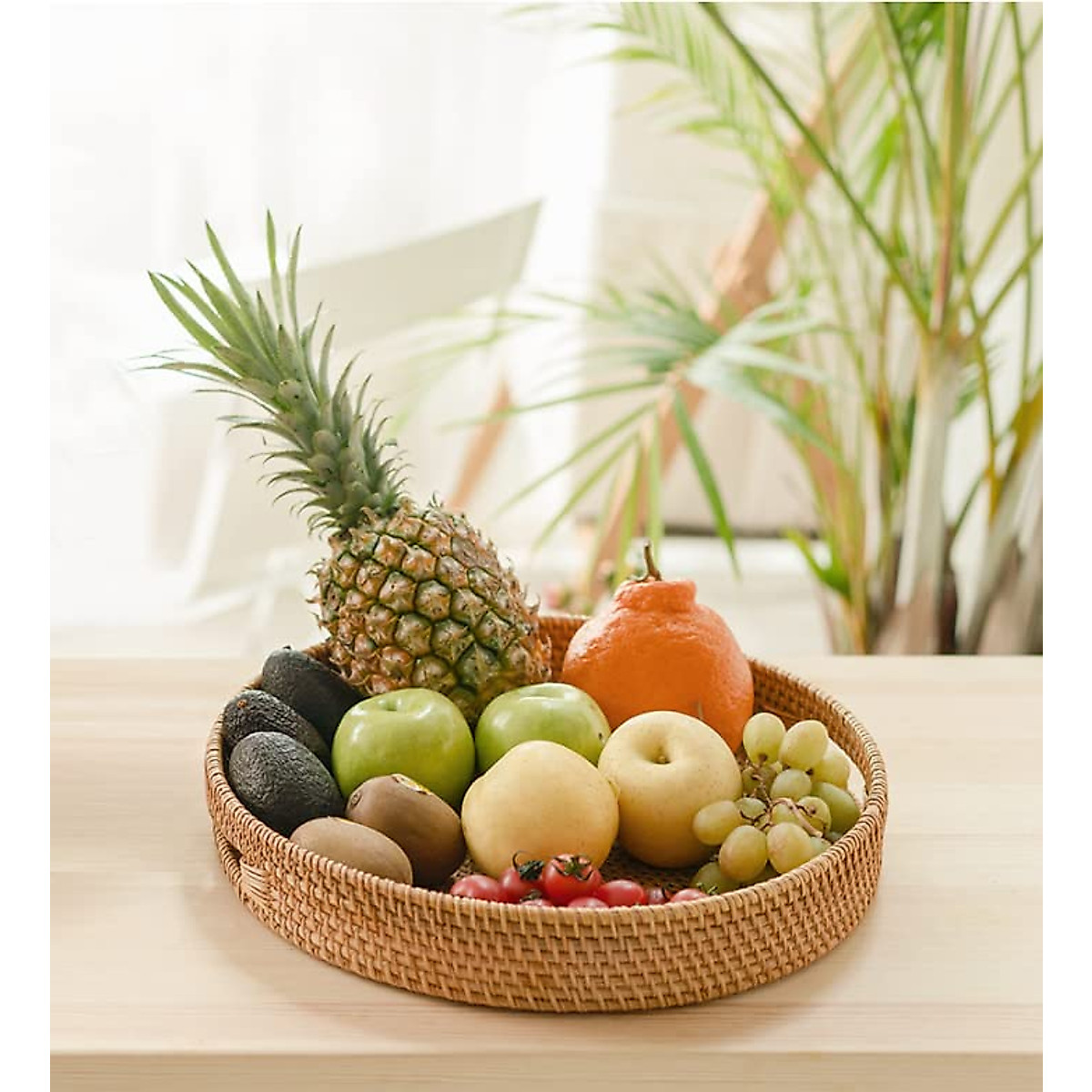 Rattan Round Serving Tray, Hand Woven Serving Basket with Cut - Out Handles, Wicker Fruit/Bread Serving Basket, 14.2 inch