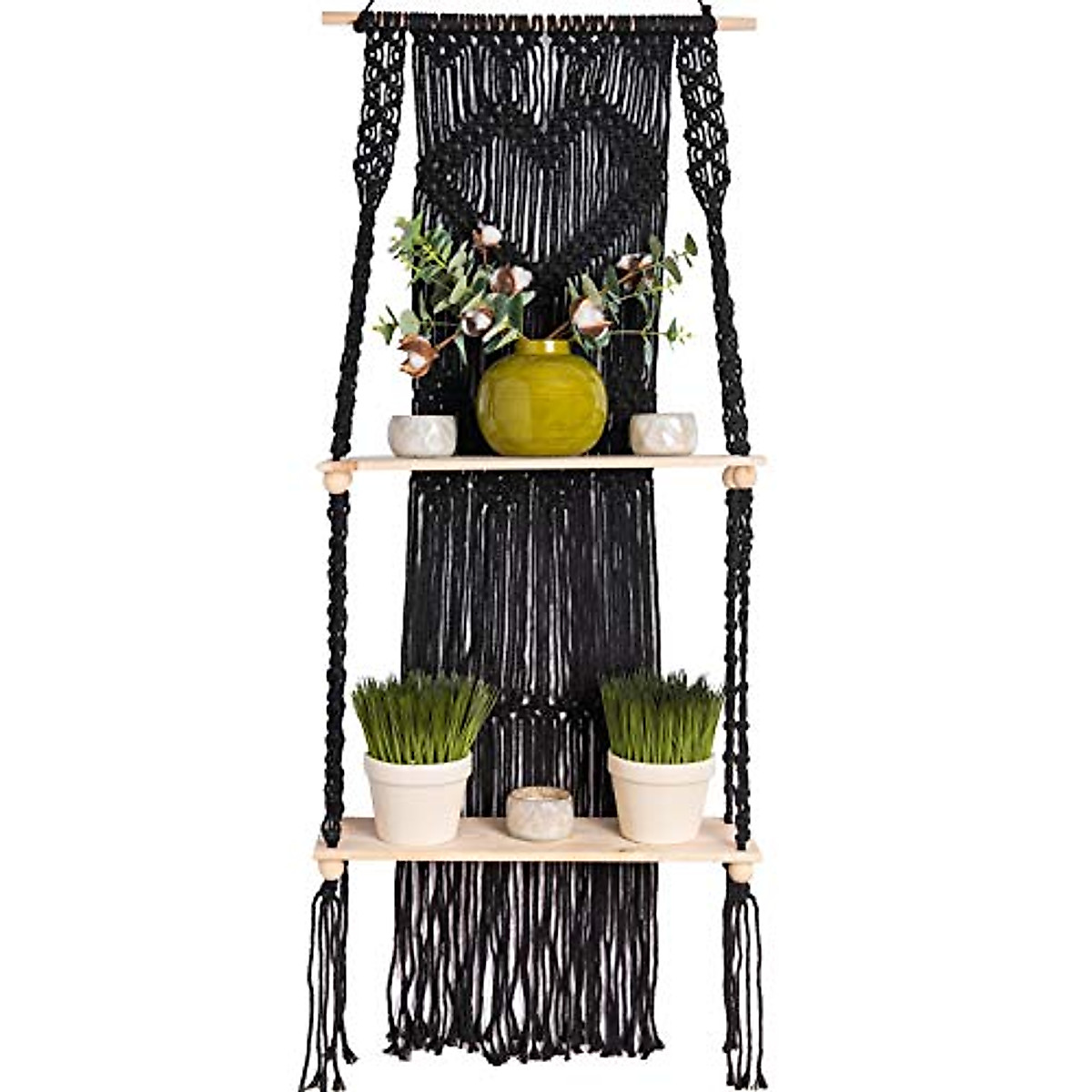 KALTEK Black Macrame Shelf | Boho Style with Two Tier Wood Shelves | Beautiful Handmade Macrame Shelf for Hanging Plants and Decor | Boho Wall Decor with Macrame Rope and Shelf