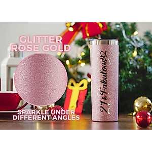 Onebttl 21st Birthday Gifts for Women, Girl, Her - 21 and Fabulous -20oz/590ml Stainless Steel Insulated Glitter Tumbler with Straw, Lid, Message Card - (Rose Gold)