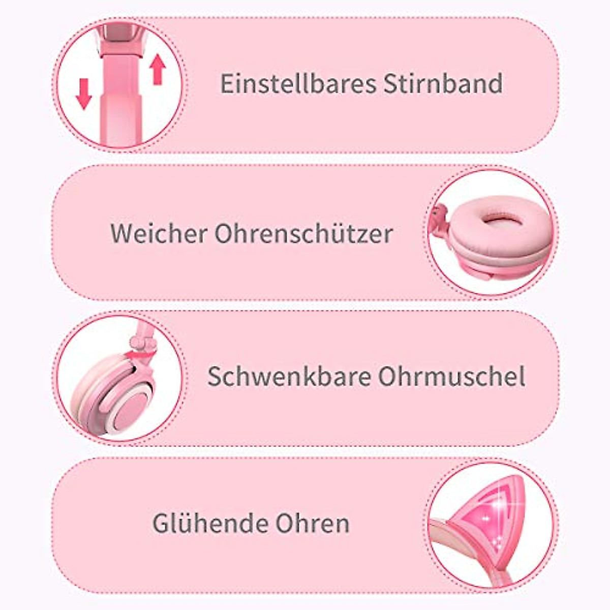 LOBKIN Foldable Wired Over Ear Kids Headphone with Glowing Light for Girls Children Cosplay Fans,Cat Ear Headphones (Peach)