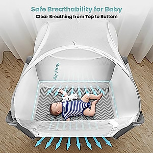 Pro Baby Safety Premium Pack n Play Tent, Mini Crib Tent to Keep Baby from Climbing Out, Auto Pop Up Pack and Play Tent with Auto-Lock Zippers, Thick Velvety Breathable Mesh (Gray Chevron)