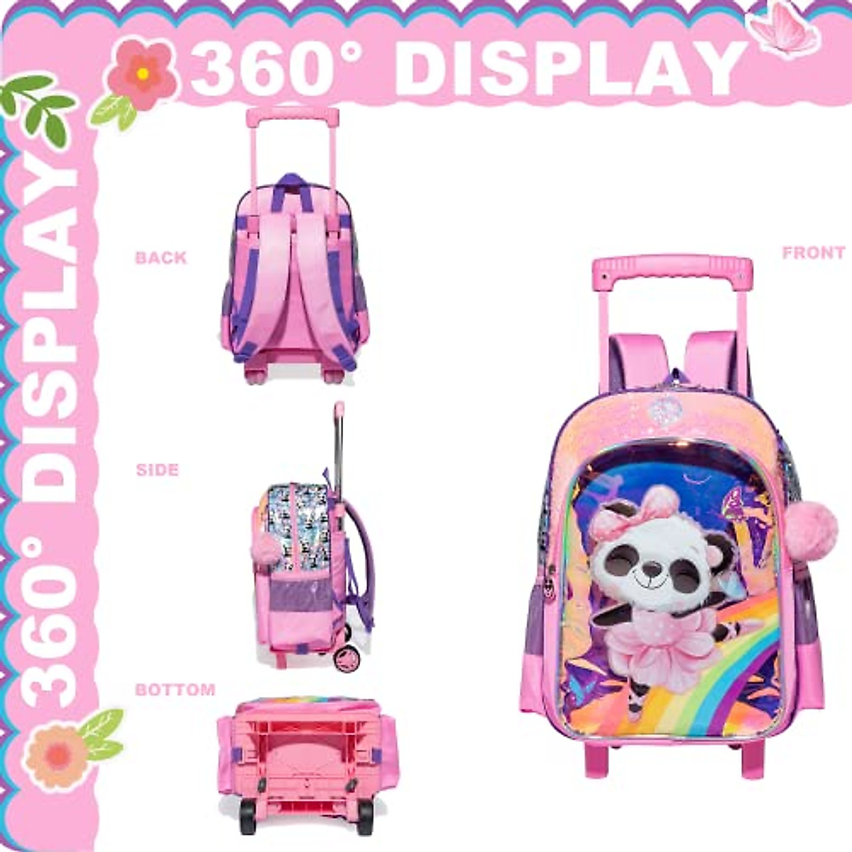 ZBAOGTW Panda Rolling Backpack for Girls with Lunch Box Kids Backpack with Wheels for School Sequin Trolley Trip Luggage Rolling Backpack for Kindergarten Girls Elementary School