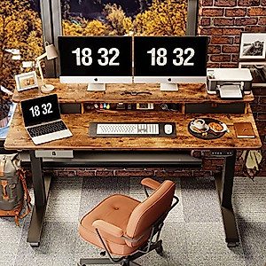 FEZIBO Height Adjustable Electric Standing Desk with Double Drawer, 60 x 24 Inch Stand Up Table with Storage Shelf, Sit Stand Desk with Splice Board, Black Frame/Rustic Brown Top