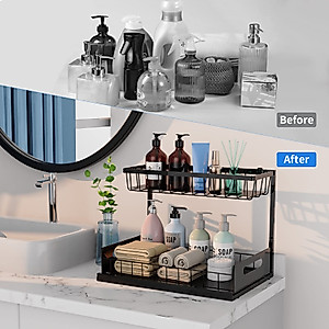 SUTINE Under Sink Organizer, 2 Tier L-Shape Bathroom Organizer Under Sink Organizers and Storage, Sliding Under Cabinet Organizer Storage Shelf for Kitchen Bathroom, Black