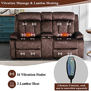 GUEAPY Fabric Reclining Loveseat, Power Reclining Loveseat with Console, Double Recliner Loveseat with Heat and Massage, Cup Holders, USB & Type-C Charge Ports for Living Room (Brown)