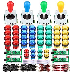 Fosiya 4 Player LED Arcade Kit Ellipse Oval Style Joystick USB Encoder to PC Games DIY Controllers Bat Joystick 4 Colors LED Arcade Buttons for All Windows PC MAME Raspberry Pi