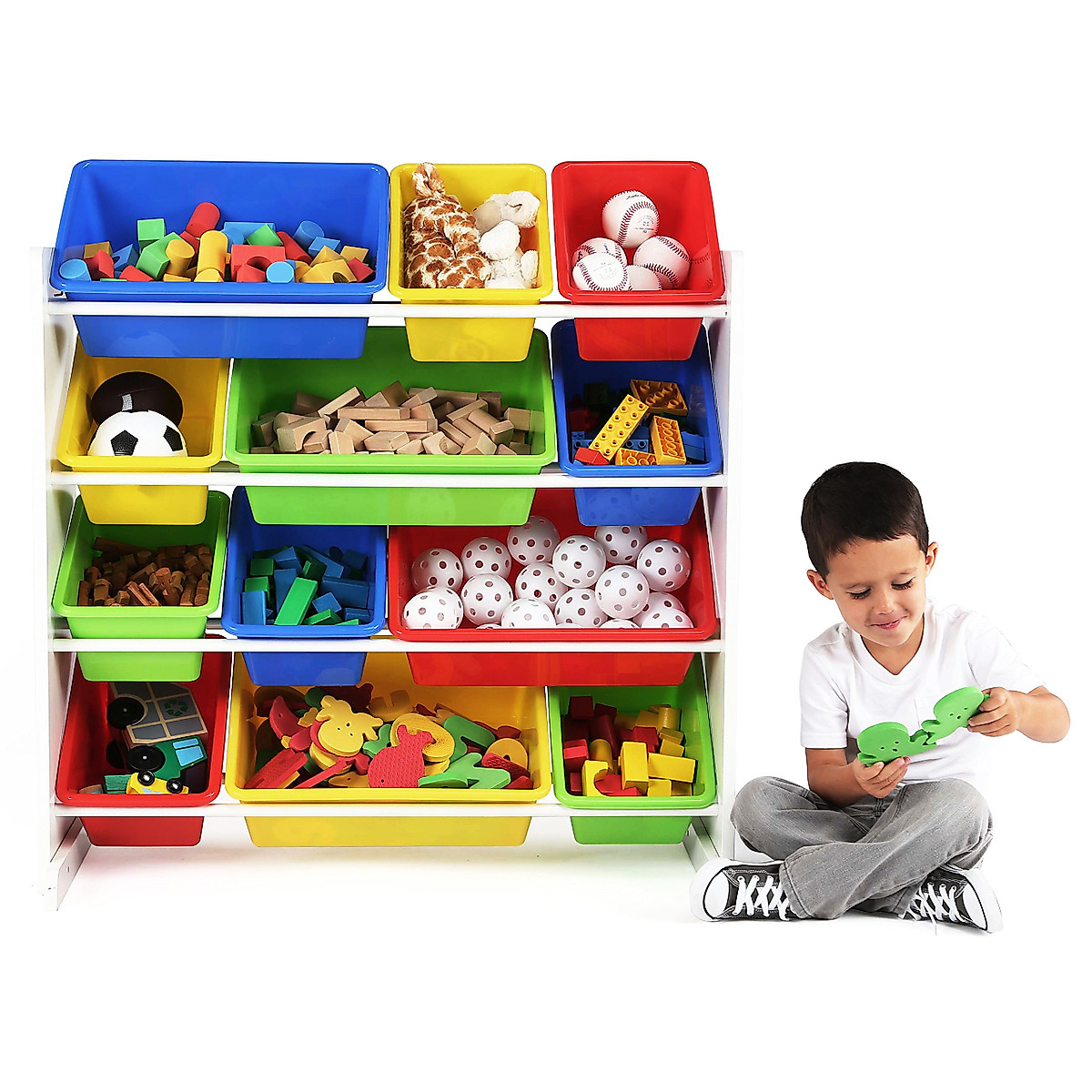 Humble Crew, White/Primary Kids' Toy Storage Organizer with 12 Plastic Bins & Crew, White/Primary Kids Book Rack Storage Bookshelf