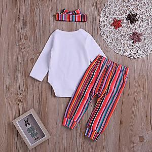 TROSJ 3Pcs Newborn Infant Baby Boy Girl Outfits Long Sleeve Letter Print Romper Tops +Rainbow Striped Pants + Headband Clothes Set (White, 6-12 months)
