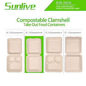 Sunlive 100% Home Compostable 50 Pack Disposable Clamshell Take Out Food Containers, 8X8'' 1-Compartment to go Containers, Heavy-Duty to go Boxes, Eco-Friendly Biodegradable, Made of Sugarcane Fibers