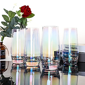 Swetwiny Colorful Highball Glasses, 18.5 Ounce Iridescent Glassware Set of 4 Lead-Free Crystal Glassware for Mixed Drinks, Juice, Cocktail, Gift Package (Colorful)