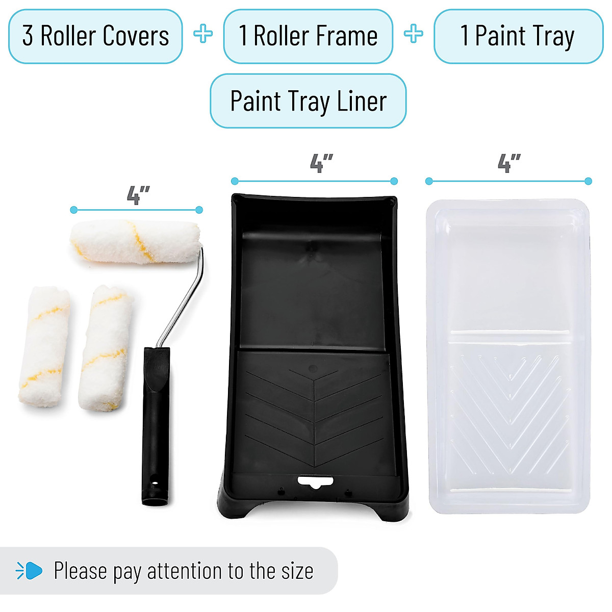 Bates- Paint Tray Set, 6 pcs, 4-Inch Paint Roller Kit, Small Paint Roller Paint Brush, Paint Roller Set, Paint Rollers 4 Inch, Paint Roller Tray, Paint Roller Brush, Small Roller Paint Brush