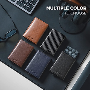 VULKIT Credit Card Holder with Banknote Compartment RFID Blocking Pop up Leather Card Wallet with ID Window for Men or Women(Carbon Black)