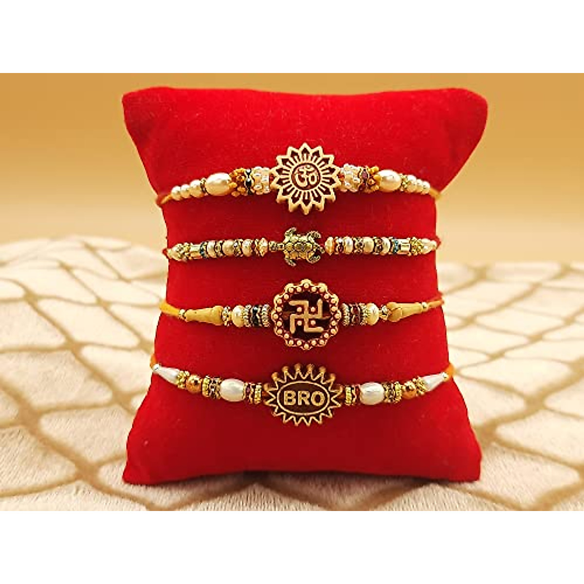 Rakhi for Brother Sister celebration. Designer Multicolor Stones Rakhi Gift, Wrist bands for loving, Brother, Sister, Father & family. (Rakhi Des.4- Om, Bro &Good Luck Tortoise Set of 4, Small)