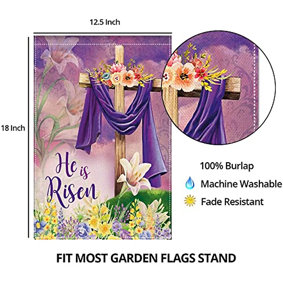 EKOREST Easter He is Risen Garden Flag 12x18 Inch Double Sided,Religious Cross He is Risen with Lily,Small Spring Yard Flag for Outside Farmhouse Seasonal Holiday Outdoor Decor