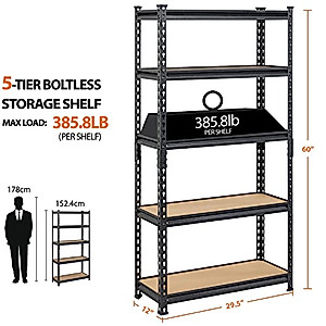 Topeakmart Storage Shelves 5 Tier Adjustable Metal Shelving Unit Utility Shelves Garage Storage Racks for Warehouse Garage Pantry Kitchen- Black, 29.5 x 12 x 60 Inch