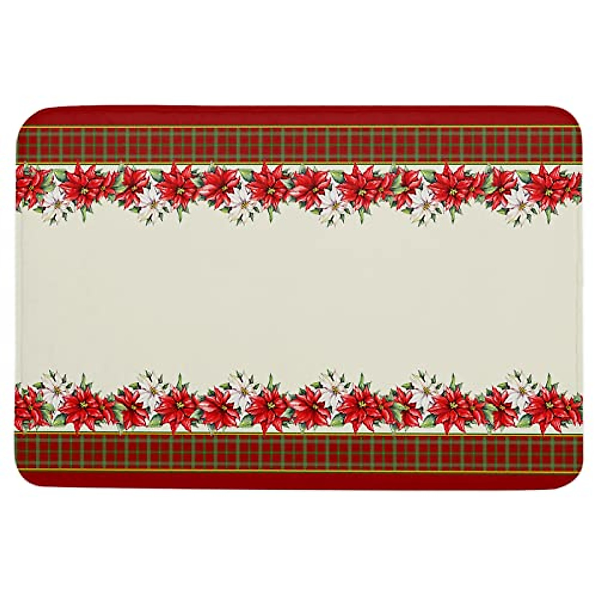 Front Door Mats Outdoor Indoor Kitchen Mat, Christmas Flower Red Green Buffalo Plaid Entrance Doormat Non-Slip Bathroom Rugs Washable Floor Mats for Sink/Porch, 18" x 30"