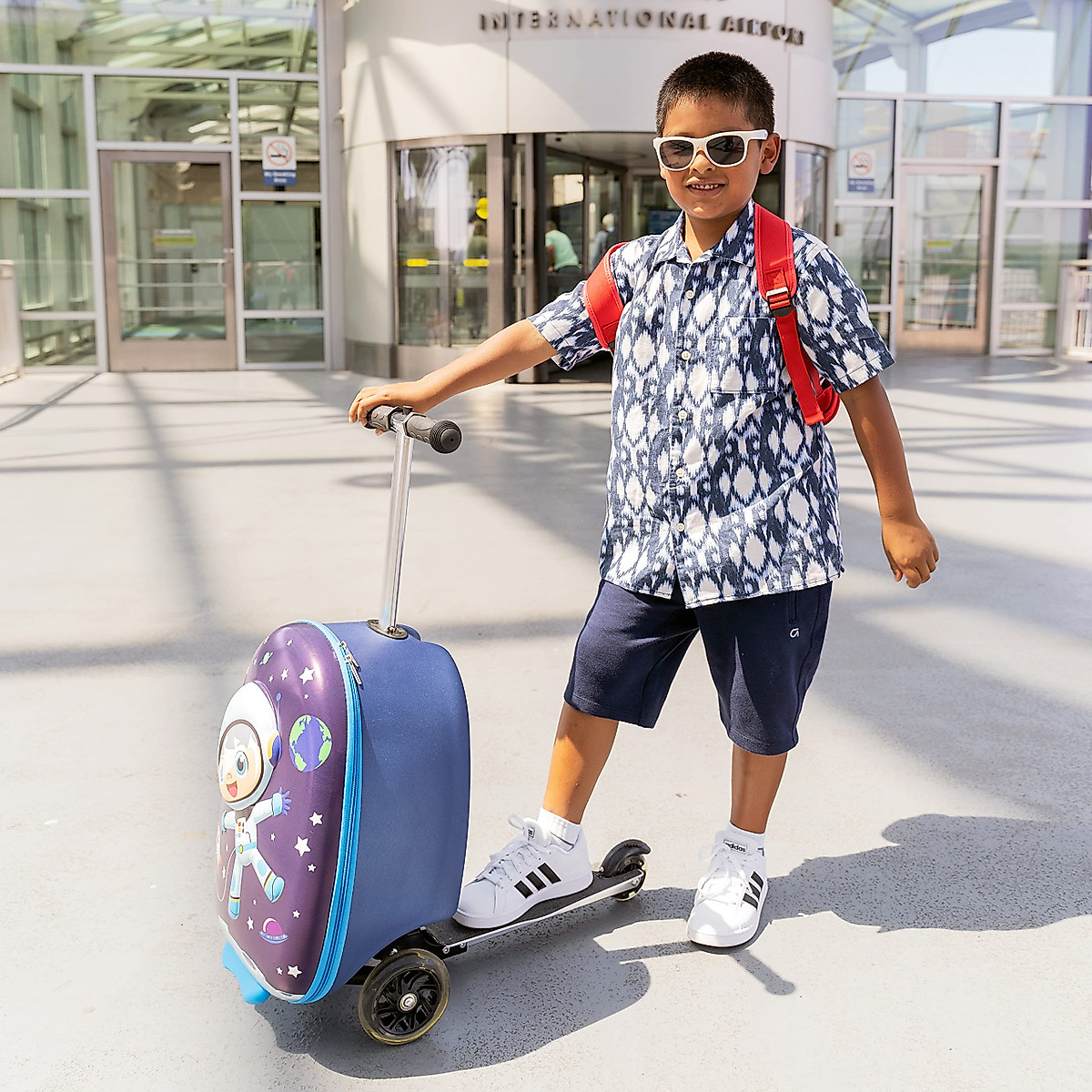 KIDDIETOTES 3-D Hardshell Ride On Suitcase Scooter for Kids -Cute Lightweight Kids Luggage with Wheels - Fun LED Lights