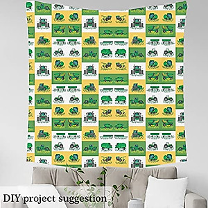 Boys Cartoon Truck Car Fabric by The Yard, Kids Construction Vehicles Tractor Upholstery Fabric, Children Farm Excavator Decorative Fabric, Construction Site Cars Fabric, Green Yellow, 2 Yards