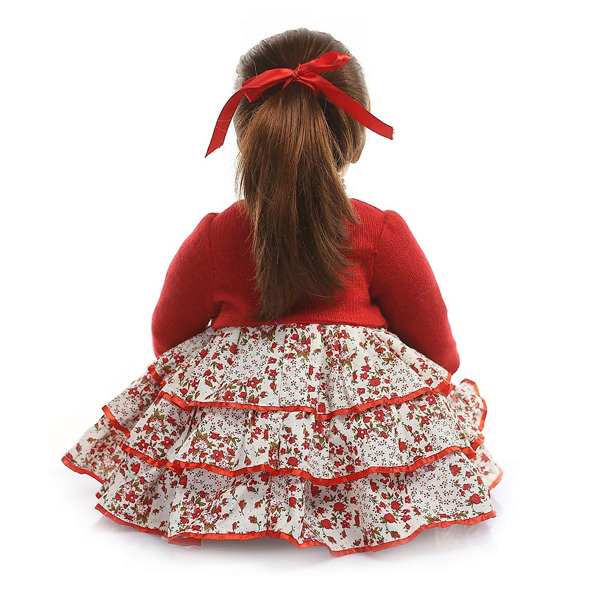 Zero Pam Lifelike Reborn Toddler Girl Doll 24 Inch Realistic Reborn Girl Dolls Weighted Newborn Baby Soft Cloth Body Long Hair Red Outfits Handmade Baby Toys Cute Plush Bear