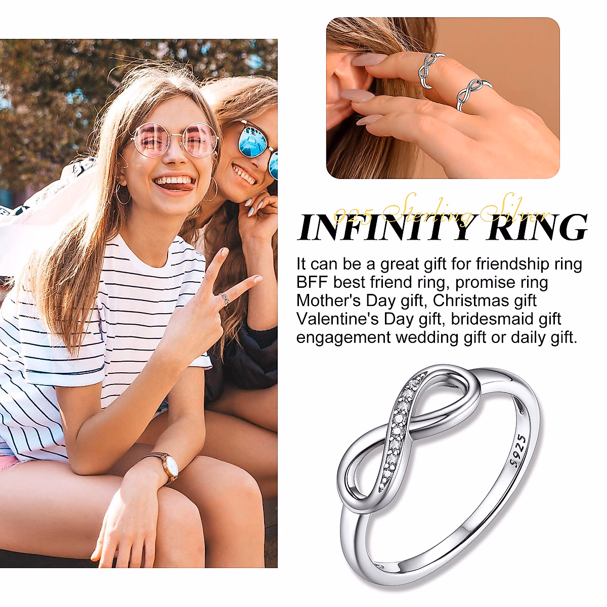 Bestyle S925 Sterling Silver Infinity Knot Ring, Size 8, CZ Band Ring for Women/Wife/Friends/Sister, Love Promise Engagement Wedding Ring