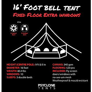Psyclone Tents Fixed Floor Extra Windows 5m/16.4ft Luxury Bell Tent Outdoor All Weather 8-10 Person Cotton Canvas Yurt Large Tent for Family Camping Glamping Hiking and Festivals