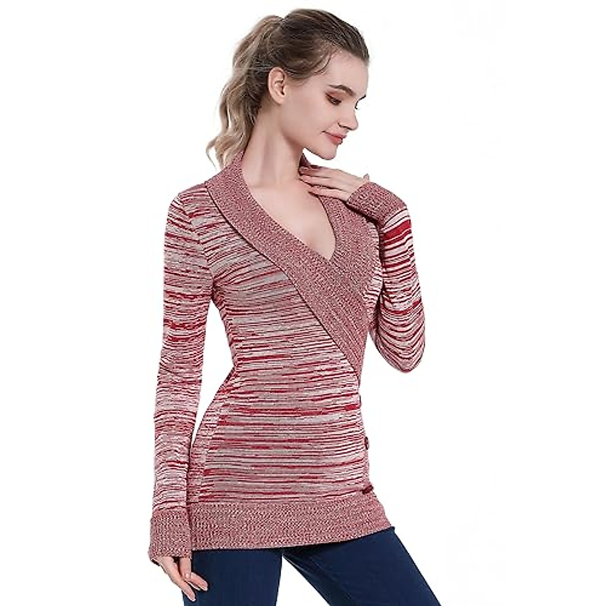 AmélieBoutik Women V Neck Faux Wrap Long Sleeve Marled Tunic Sweater (Heather Red X-Small)