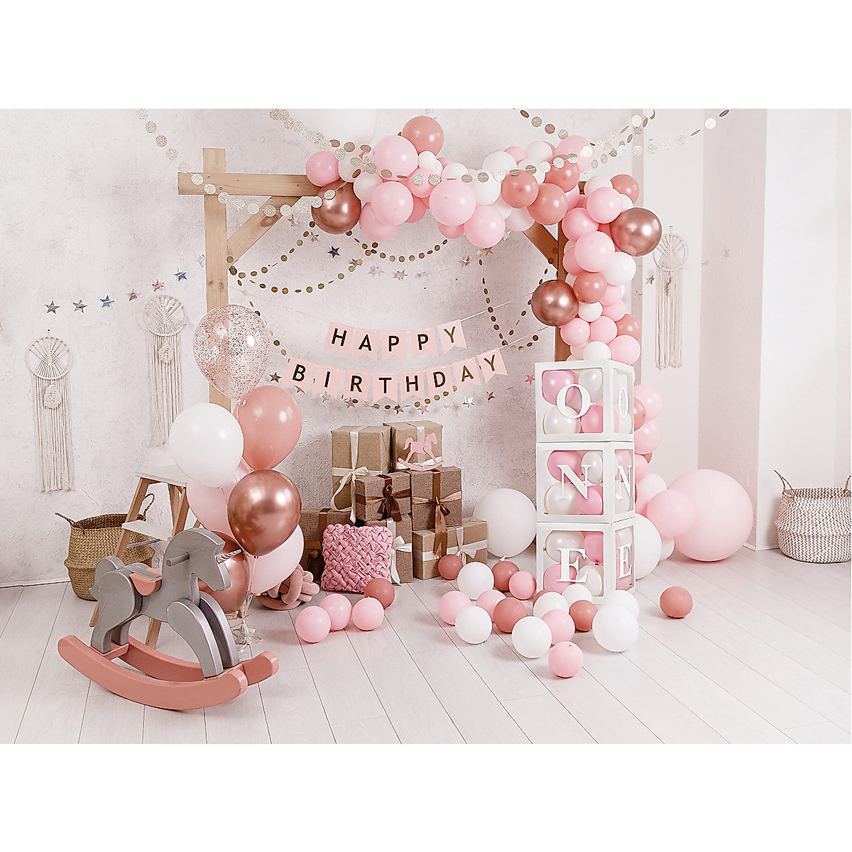 Baby Girl First Birthday Party Decorations 'ONE' Letters Individual Three White Transparent Square Boxes with 24 Balloons Decor for 1 Year Old Baby Birthday Party Decor Backdrop Favors