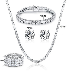 Gemsme 18K White Gold Plated Tennis Necklace/Bracelet/Earrings/3 Row Ring Sets Pack of 4 (7)
