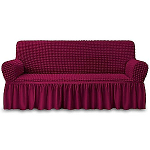 NICEEC Sofa Slipcover Red Sofa Cover 1 Piece Easy Fitted Sofa Couch Cover Universal High Stretch Durable Furniture Protector with Skirt Country Style (3 Seater Wine Red), Large