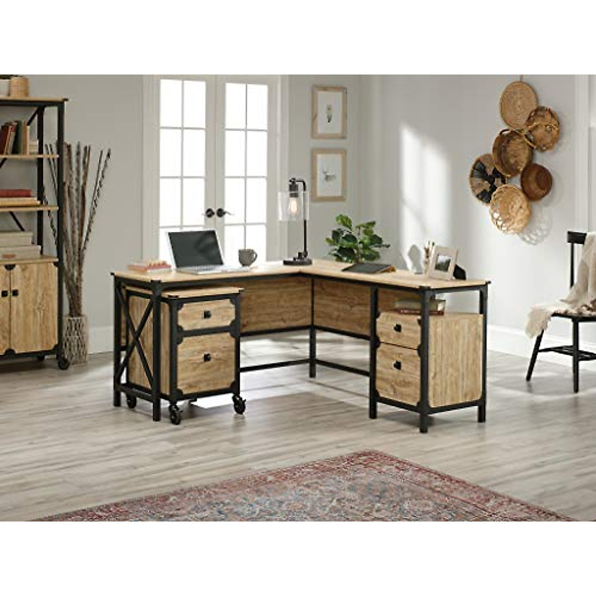Sauder Steel River L-Shaped Desk, L: 59.84" x W: 57.32" x H: 29.53", Milled Mesquite Finish & Steel River Pedestal File Cabinet, L: 20.87" x W: 23.86" x H: 26.58", Milled Mesquite Finish