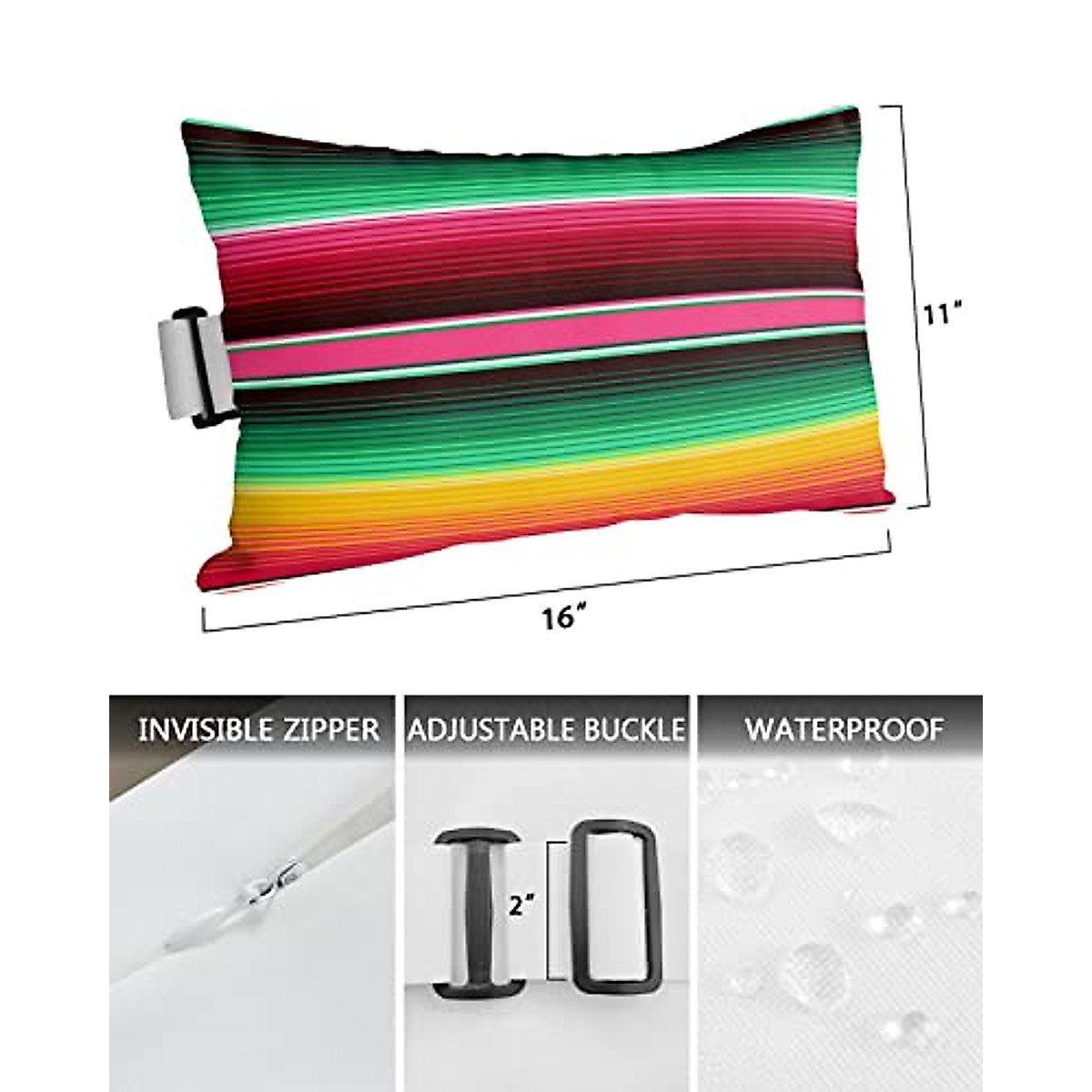 Recliner Head Pillow Ledge Loungers Chair Pillows with Insert Colorful Mexican Stripes Green Red Yellow Lumbar Pillow with Adjustable Strap Outdoor Waterproof Patio Pillows for Beach Pool, 2 PCS