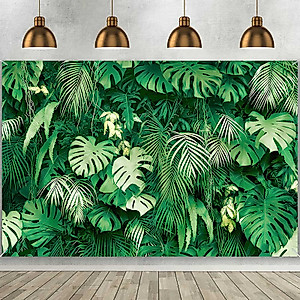 MAQTT 72X60in Jungle Safari Plants Photo Background for Hawaiian Luau Party Green Tropical Palm Leaves Picture Photography Backdrop Birthday Party Baby Shower Supplies Banner…