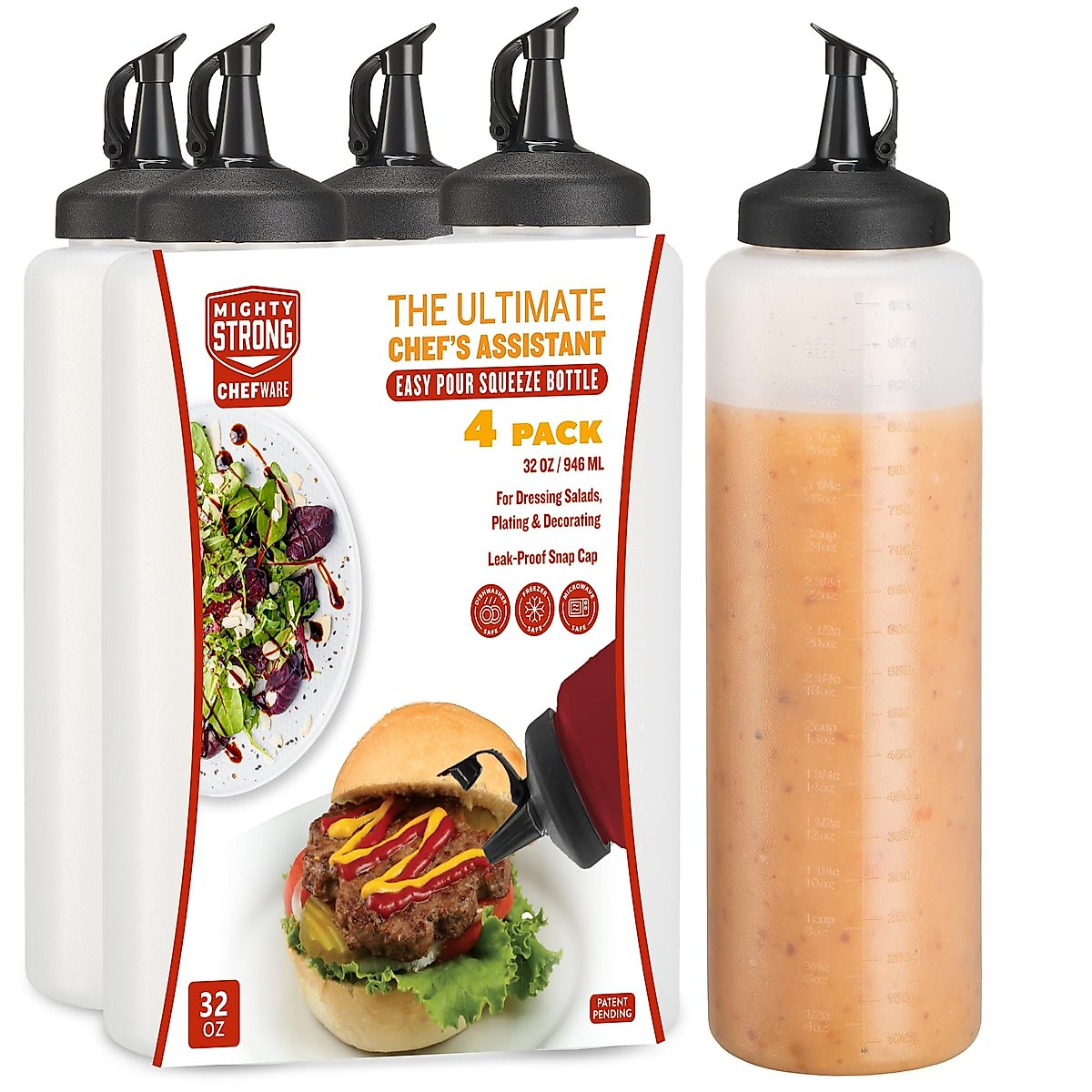 MIGHTY STRONG Condiment Squeeze Bottles for Sauces - 32 Oz Squirt Bottles for Liquids, Easy Pour Sauce Bottles with Leak Proof Snap Cap, Condiment Bottles, Plastic Squeeze Bottles (Classic, 4, Count)