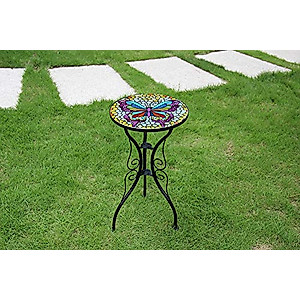 LIFFY Outdoor Mosaic Side Table - Butterfly Round End Table - Small Patio Side Table - Glass Garden Side Table for Yard,Lawn