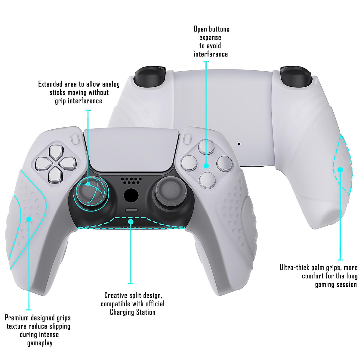 PlayVital Guardian Edition Ergonomic Soft Controller Silicone Case Grips for ps5 Compatible with Charging Station Rubber Protector Skins with Thumbstick Caps for ps5 Controller - Clear White