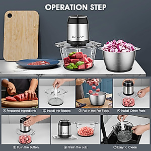 Food Processors, Mini Meat Grinder & Veggie Chopper with 2 Bowls (8 Cup+8 Cup), Electric Food Chopper with 2 Sets of Bi-Level Blades for Meat, Vegetables, Fruits and Nuts