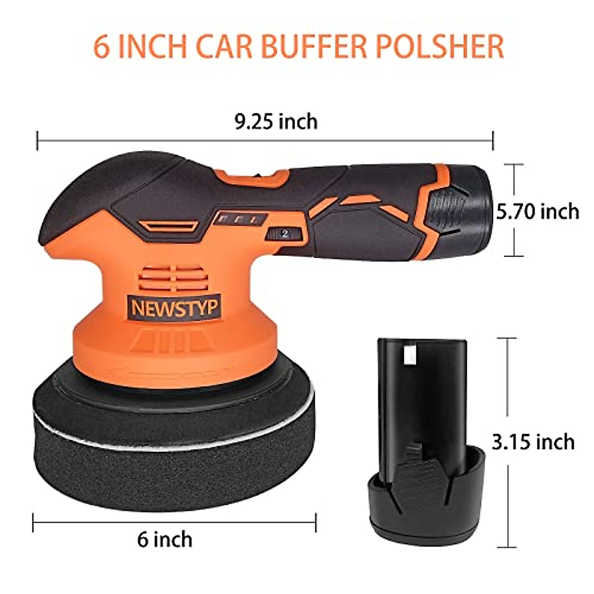 NEWSTYP 6 Inch Cordless Car Buffer Polisher with 2Pcs 12V 2.0Ah Rechargeable Battery, 6 Variable Speed, 5000RPM, Wireless Buffer Polisher Kit for Waxing/Car Detailing/Car Scratch Repairing/Sander