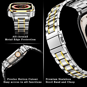 MioHHR Stainless Steel Watch Band with Case Compatible with Apple Watch Ultra 2 1(49mm),Rugged Strap with Metal Protective Bumper Cover for iWatch Band Men(Silver/Gold)