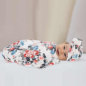KESYOO 1 Pack Baby Swaddle Blanket with Newborn Beanie Hat Cotton Floral Receiving Blanket Wrap Bow Headband for Infant Boy Girl