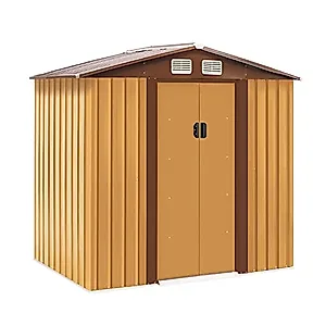 Patiomore 4×6 FT Outdoor Storage Shed Tool House Garden Steel Shed Walk-in Yellow 4x6FT