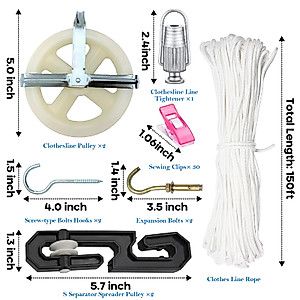 Outdoor Clothesline Kit, 150ft Polyester Clothesline Rope Heavy Duty, Clothes Line Pulley, Nylon Clothesline Pulley Kit, Clotheslines S Separator Spreader, Clothesline Tightener, Hooks