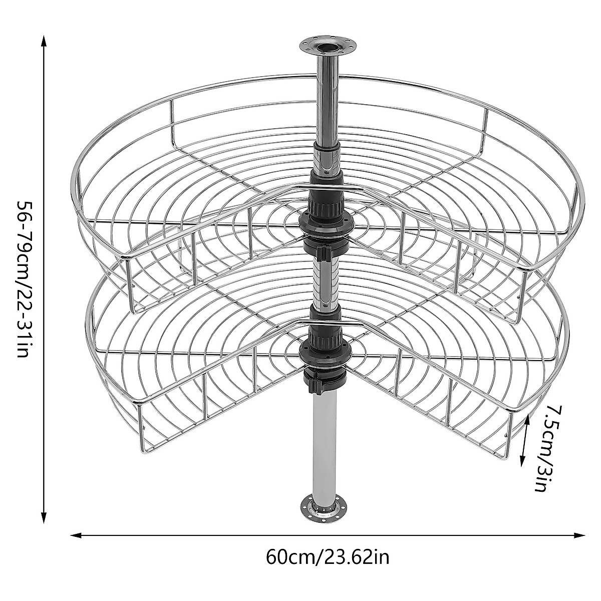 KIOPOWQ Corner Shelf, 23.62'' 2 Tier Lazy Kitchen Base Cabinet Corner Organizer, 270° Rotating Blind Corner Wire Kidney Shaped Cabinet Mounted